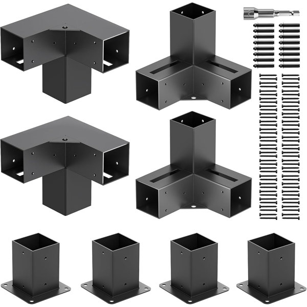 Lazio Pergola Brackets Kit 4X4 Gazebo Brackets Heavy Duty Black Powder-Coated 3-Way Right Angle ...